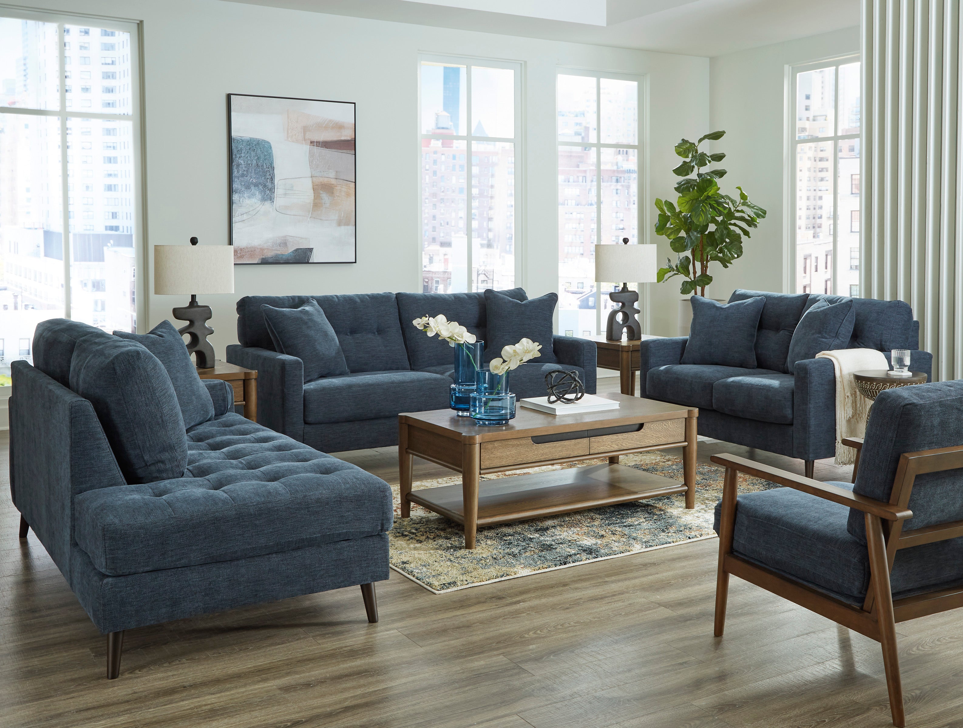 Bixler Complete Navy Living Room Set | Full Mid-Century Modern ...