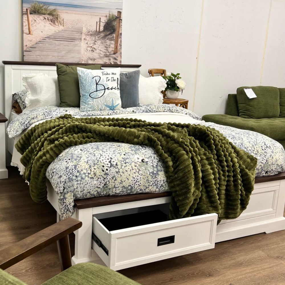 Hampton Coastal Two-Tone Bed with Storage Drawers - White & Walnut ...