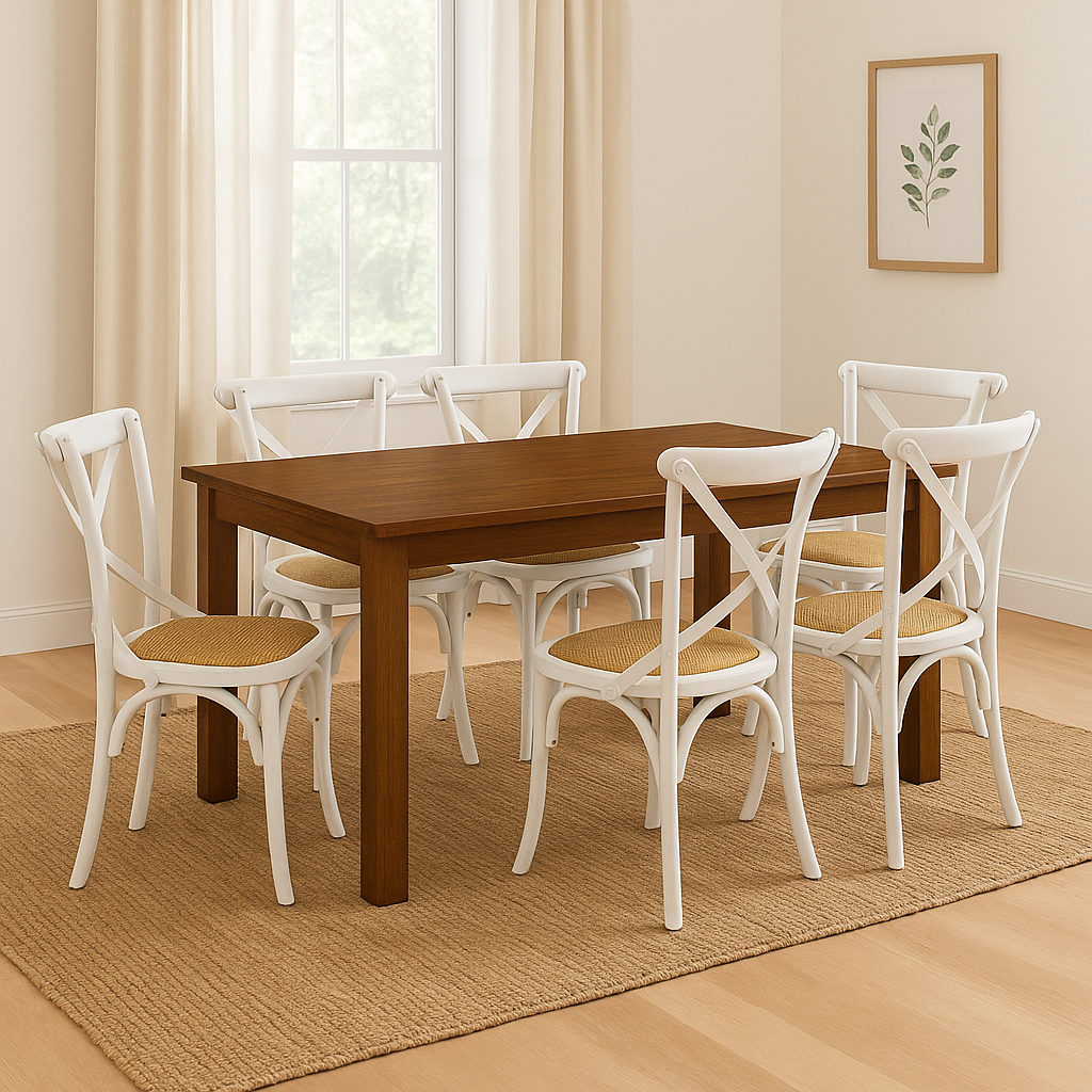 New Age 180cm Table + 6 White Cross Back Chairs – Dark Oak Set ...