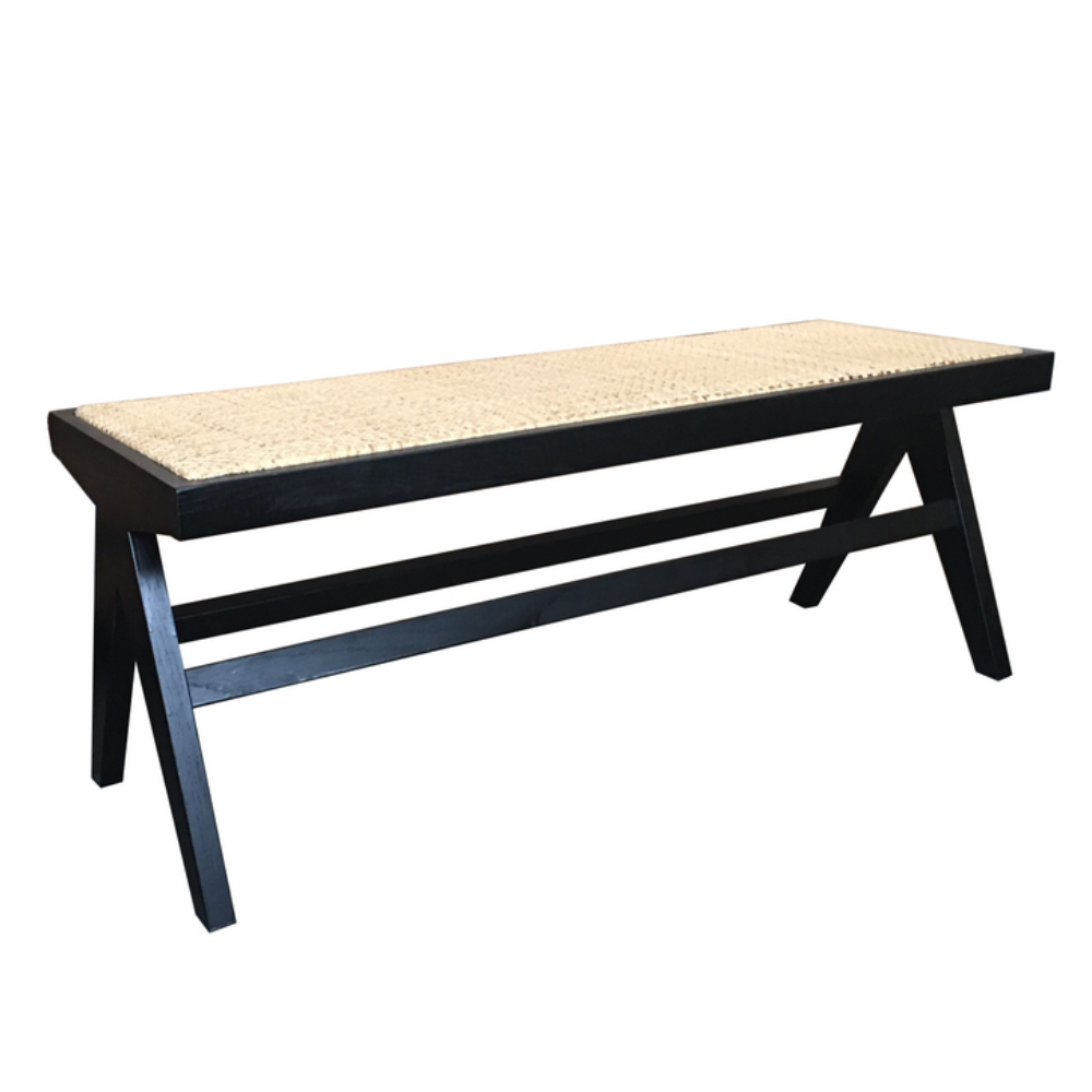 Portland Bench Black – Elmwood Frame with Rattan Seat – InStyle Furniture