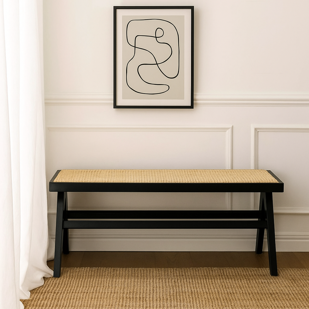 Portland Bench Black – Elmwood Frame with Rattan Seat – InStyle Furniture